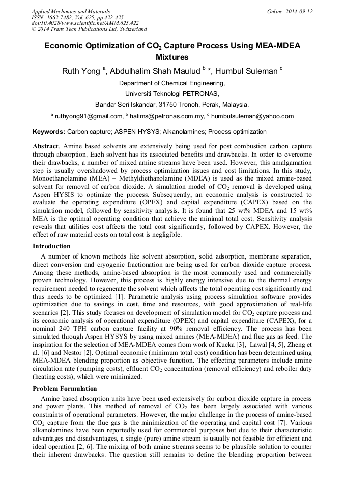 Economic Optimization of CO2 Capture Process Using MEA-MDEA Mixtures ...