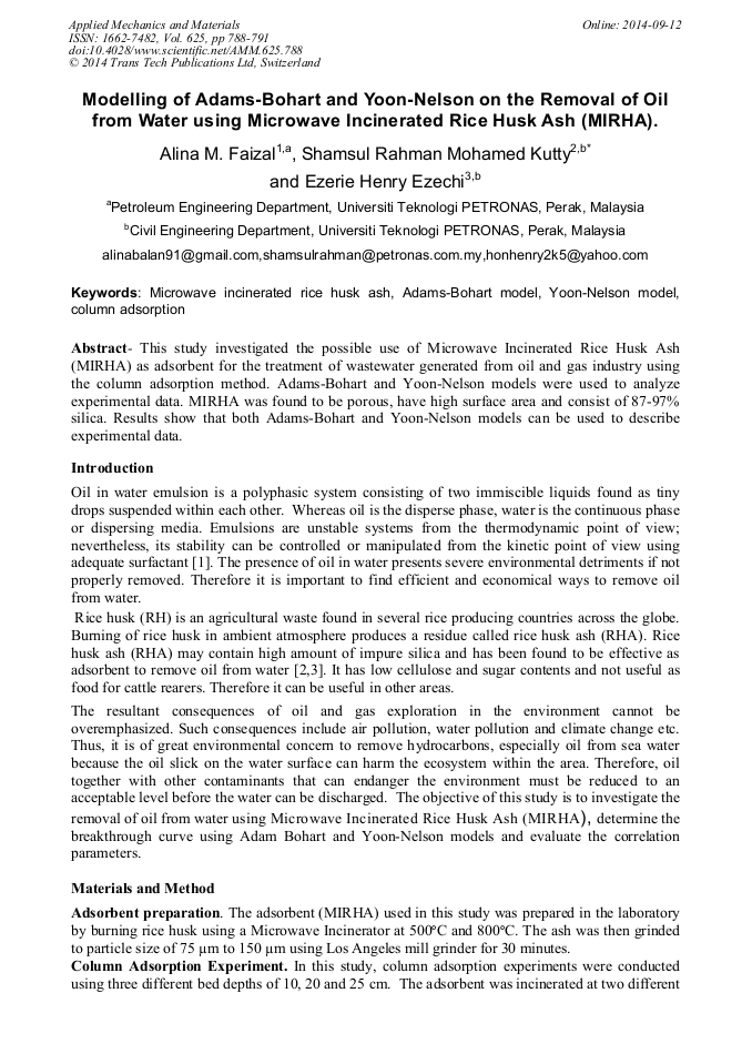Modelling of Adams-Bohart and Yoon-Nelson on the Removal of Oil from ...