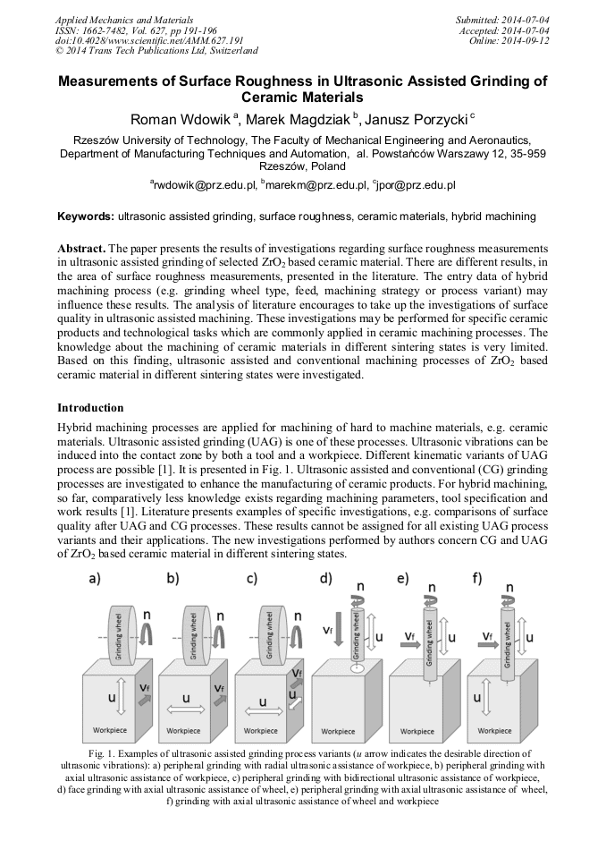 Measurements of Surface Roughness in Ultrasonic Assisted Grinding of ...
