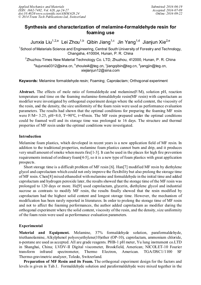 Synthesis and Characterization of Melamine-Formaldehyde Resin for ...