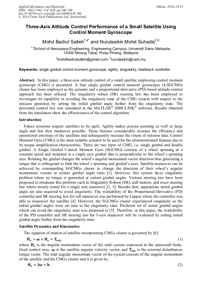 Three-Axis Attitude Control Performance of a Small Satellite Using ...