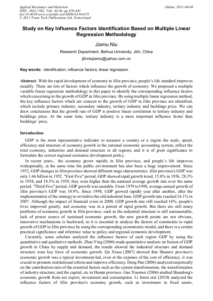 Study on Key Influence Factors Identification Based on Multiple Linear ...