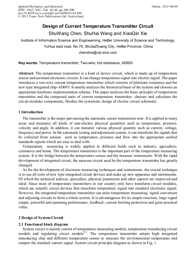 Design of Current Temperature Transmitter Circuit | Scientific.Net