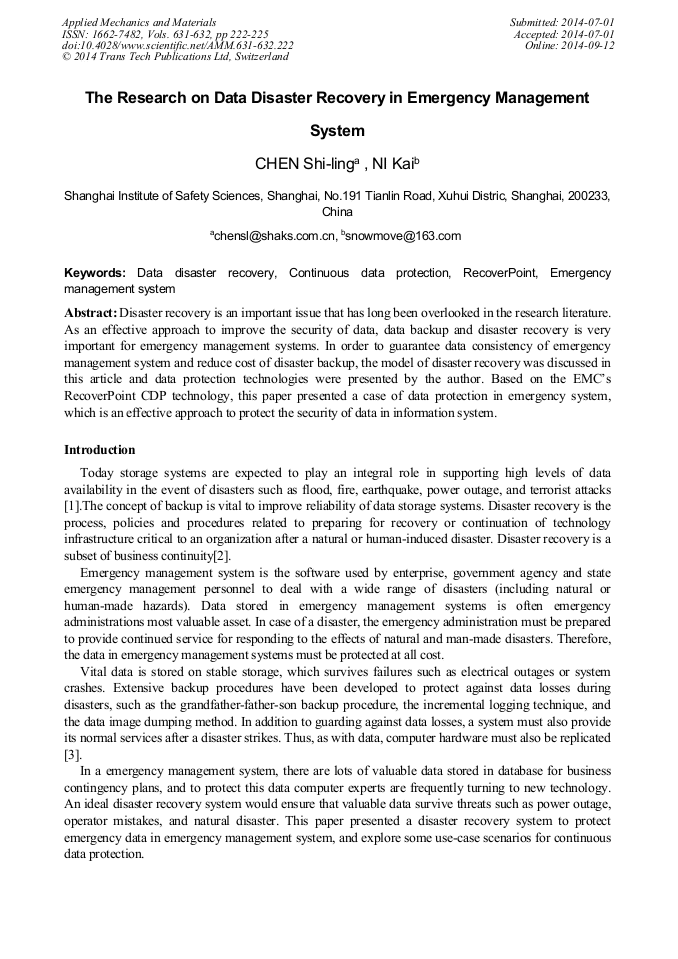 The Research on Data Disaster Recovery in Emergency Management System ...