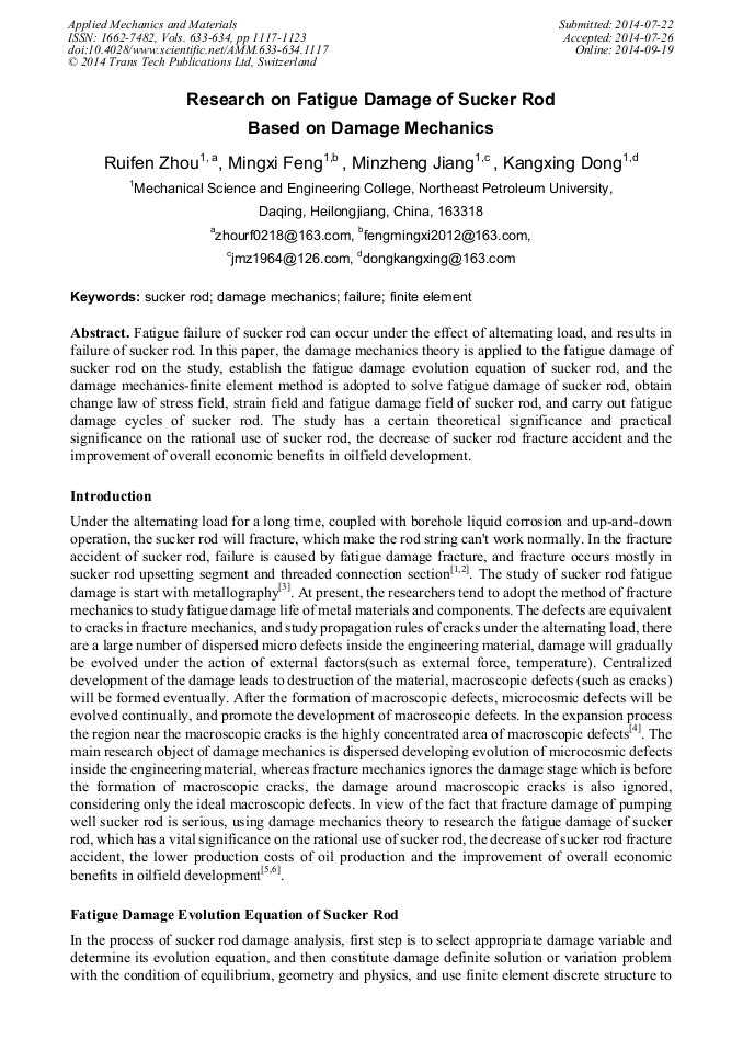 Research on Fatigue Damage of Sucker Rod Based on Damage Mechanics ...