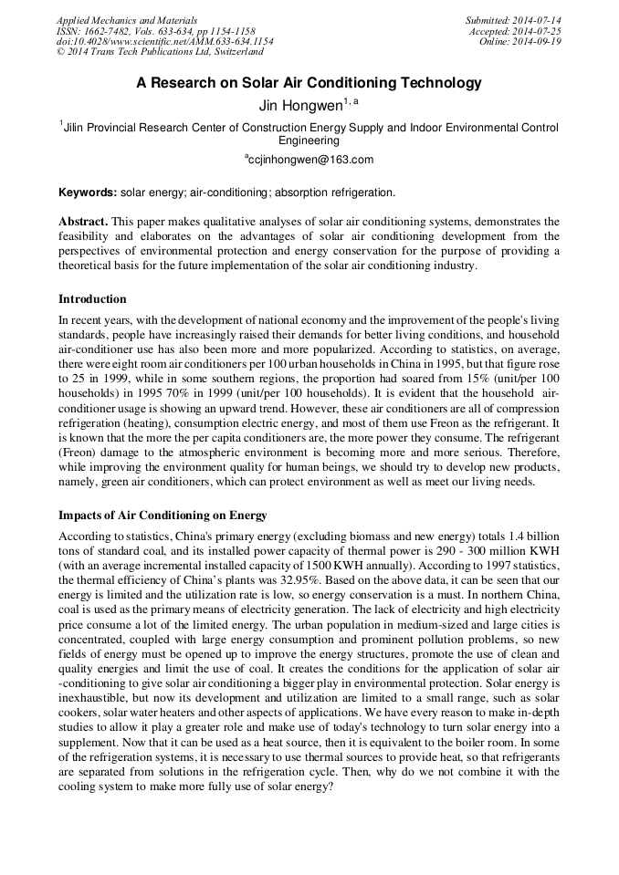 A Research on Solar Air Conditioning Technology | Scientific.Net