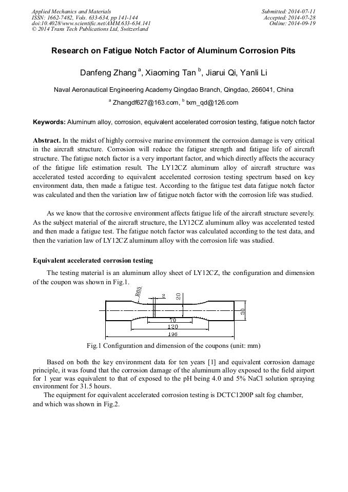 Research on Fatigue Notch Factor of Aluminum Corrosion Pits ...