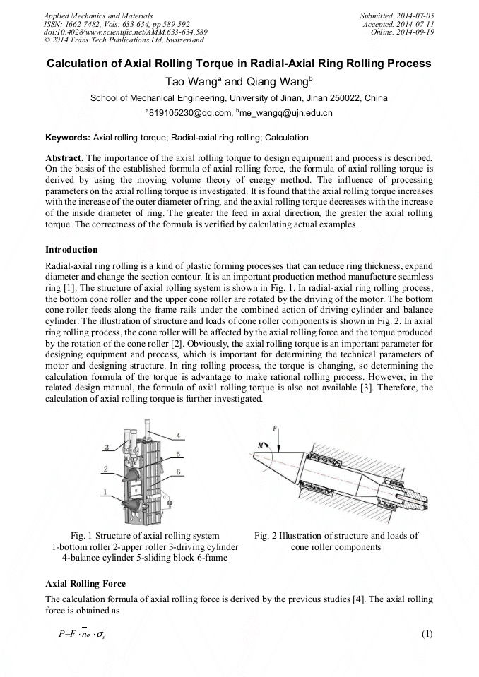 Calculation of Axial Rolling Torque in Radial-Axial Ring Rolling ...