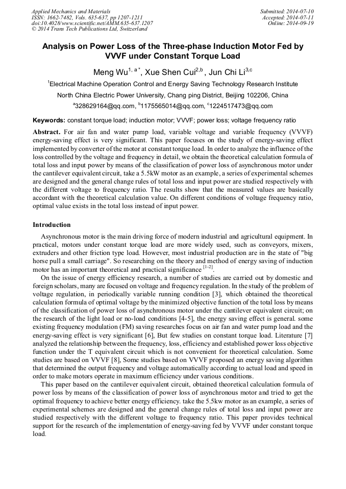 Analysis on Power Loss of the Three-Phase Induction Motor Fed by VVVF ...