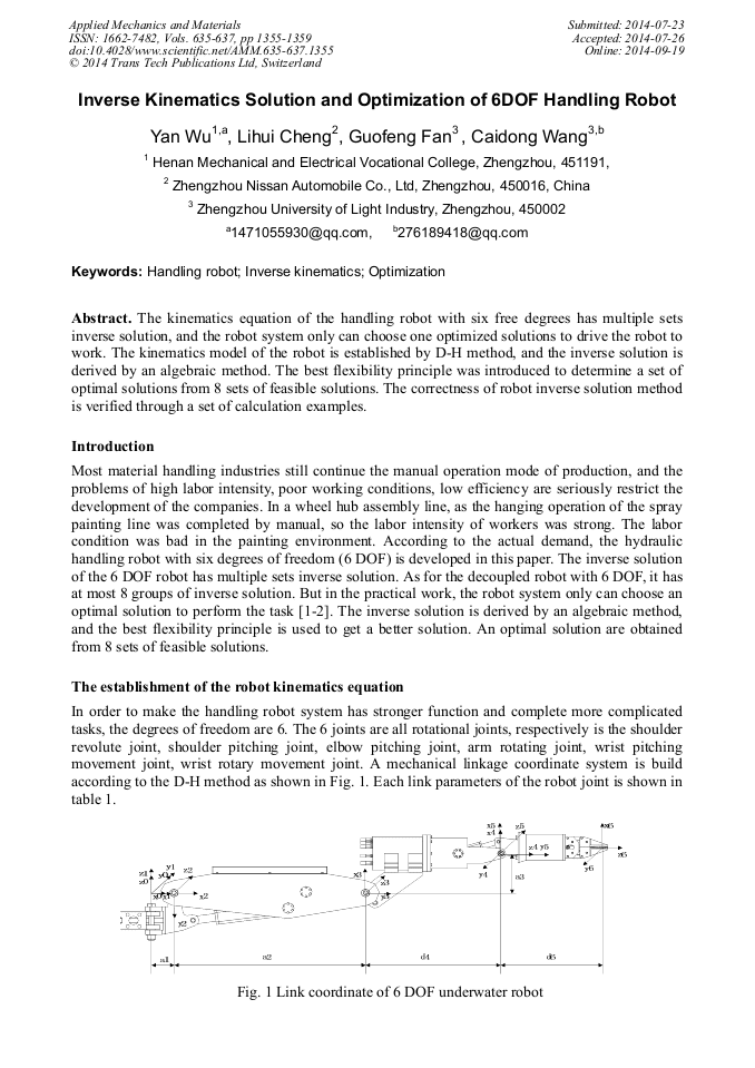 Inverse Kinematics Solution and Optimization of 6DOF Handling Robot ...