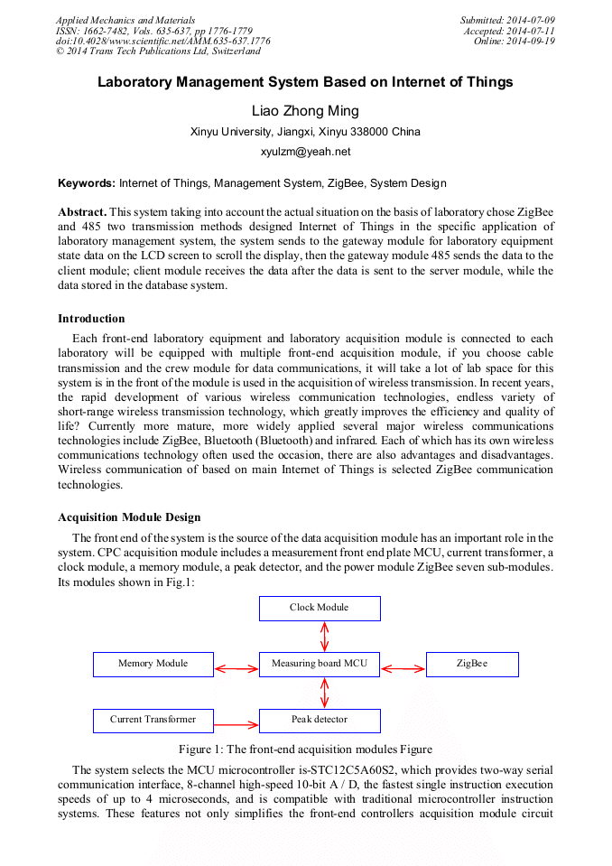 Laboratory Management System Based on Internet of Things | Scientific.Net