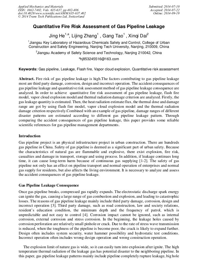 Quantitative Fire Risk Assessment of Gas Pipeline Leakage | Scientific.Net