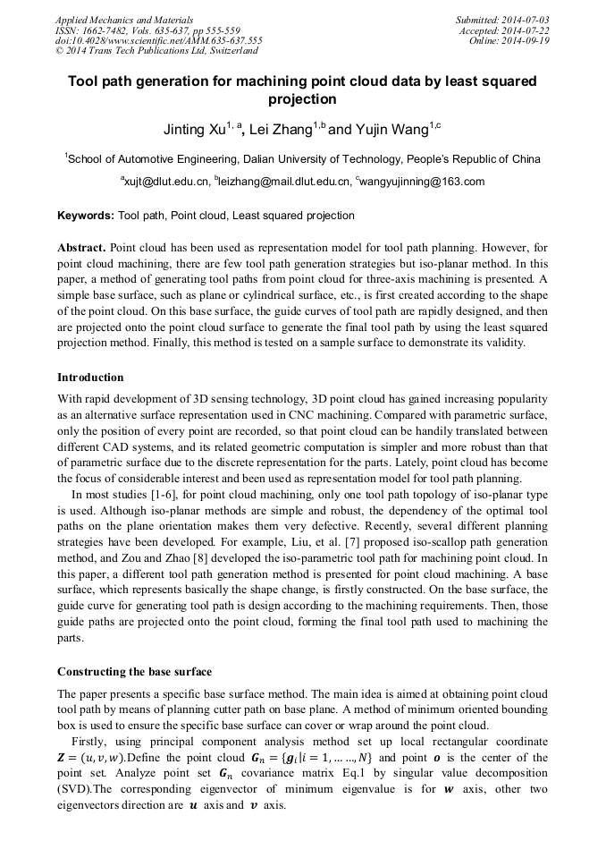 Tool Path Generation for Machining Point Cloud Data by Least Squared Projection | Scientific.Net