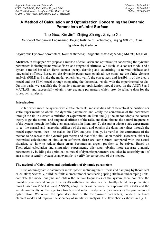 A Method Of Calculation And Optimization Concerning The Dynamic Parameters Of Joint Surface
