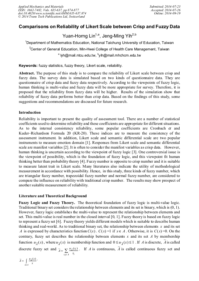Comparisons on Reliability of Likert Scale between Crisp and Fuzzy Data ...
