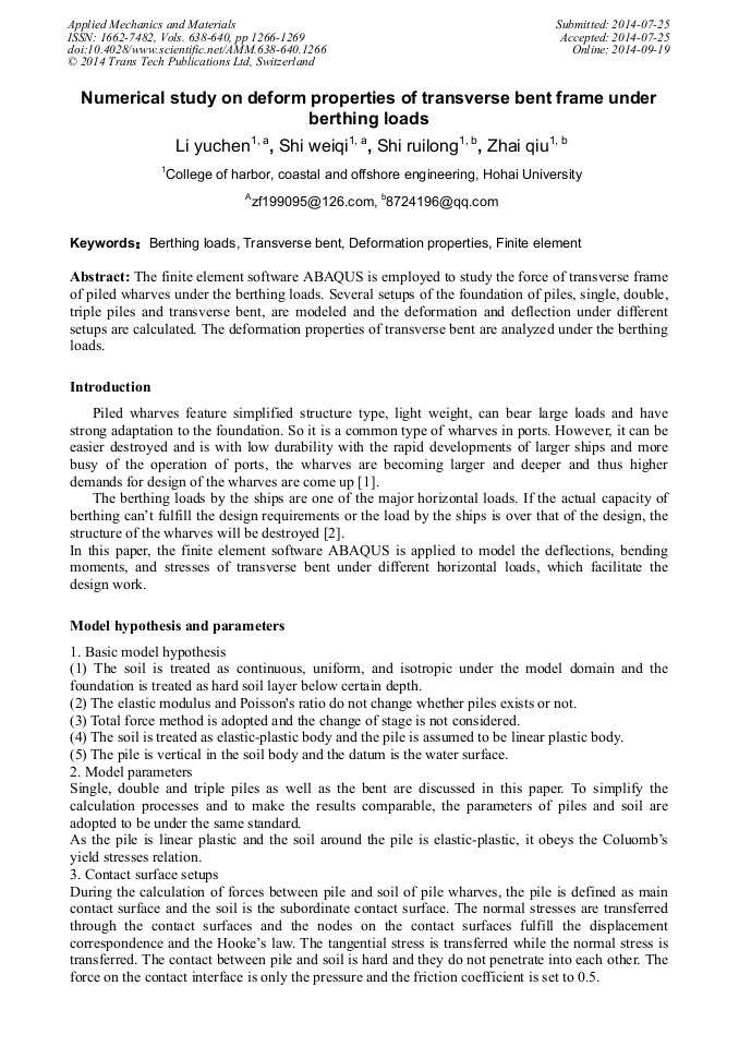Numerical Study on Deform Properties of Transverse Bent Frame under ...