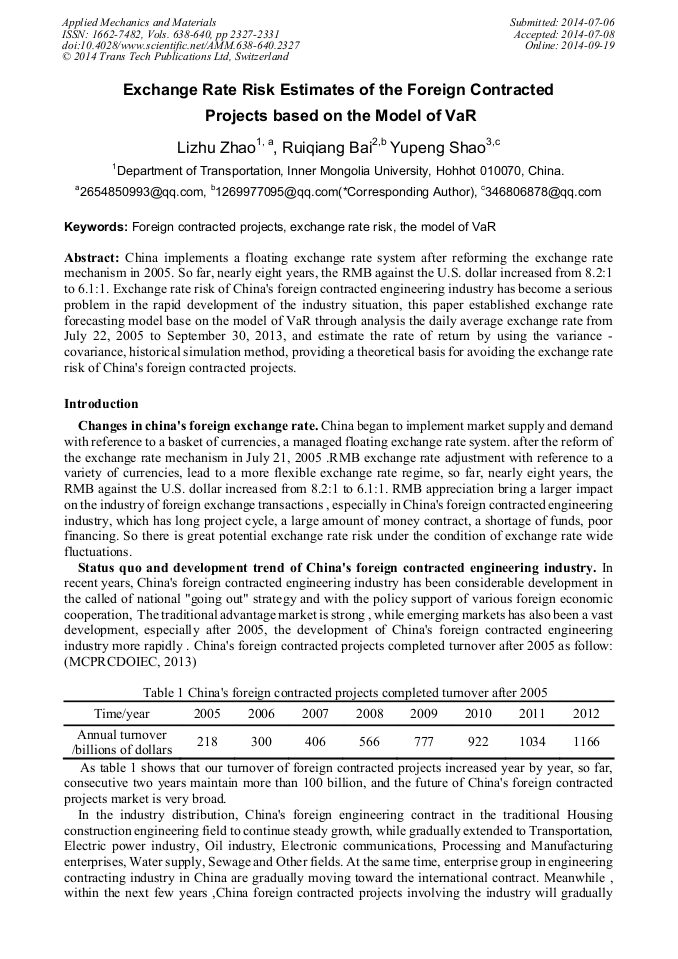 Exchange Rate Risk Estimates of the Foreign Contracted Projects Based ...