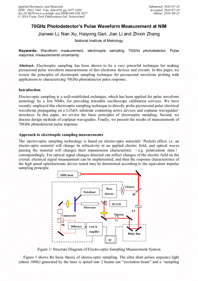 70GHz Photodetector’s Pulse Waveform Measurement at NIM | Scientific.Net