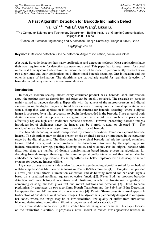 A Fast Algorithm Detection for Barcode Inclination Defect | Scientific.Net