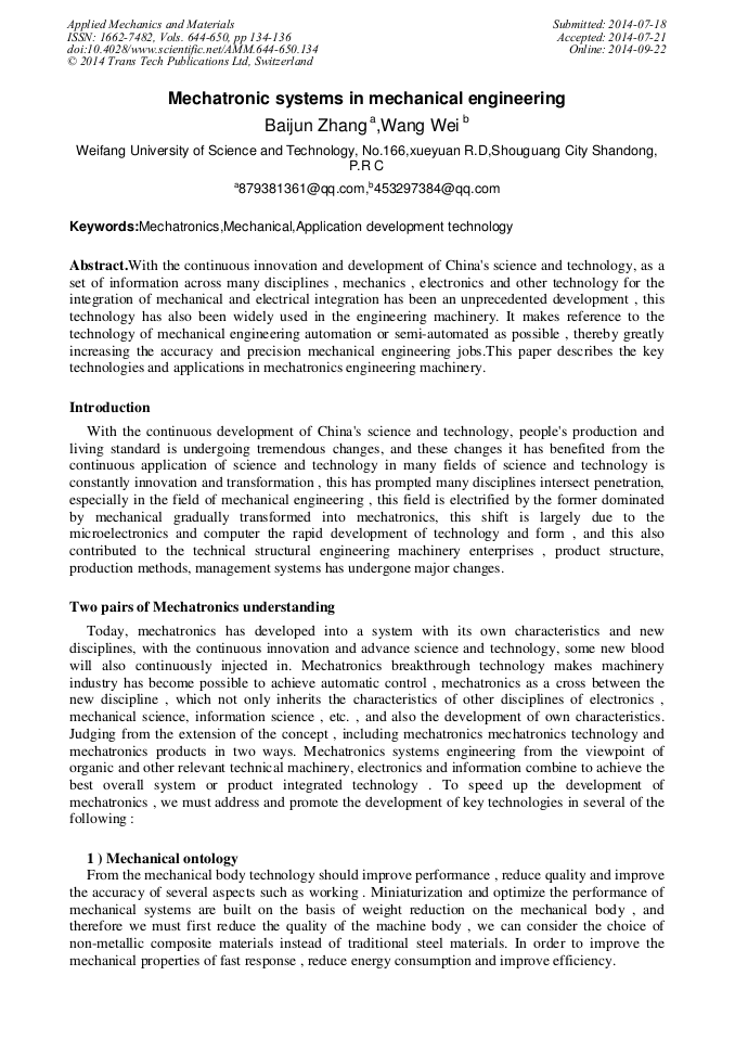 Mechatronic Systems in Mechanical Engineering | Scientific.Net