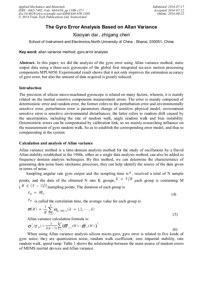 The Gyro Error Analysis Based on Allan Variance | Scientific.Net