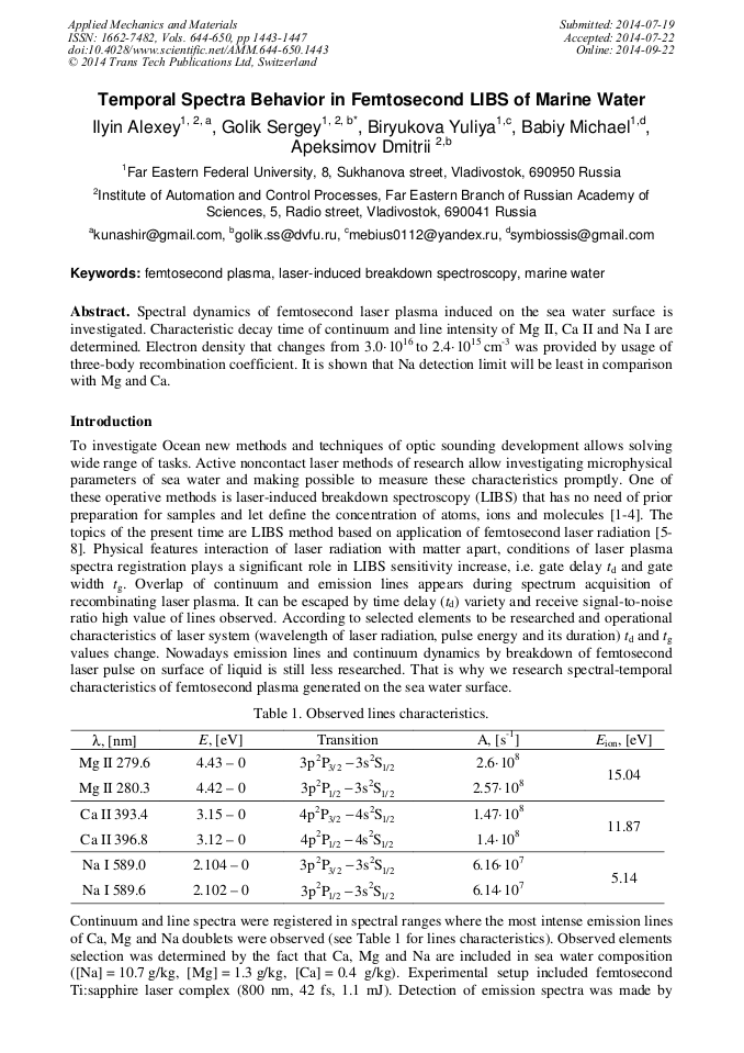 Temporal Spectra Behavior in Femtosecond LIBS of Marine Water ...