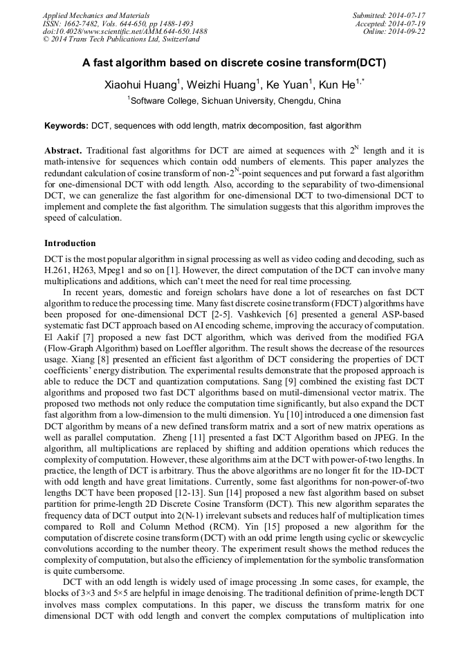 A Fast Algorithm Based on Discrete Cosine Transform(DCT) | Scientific.Net