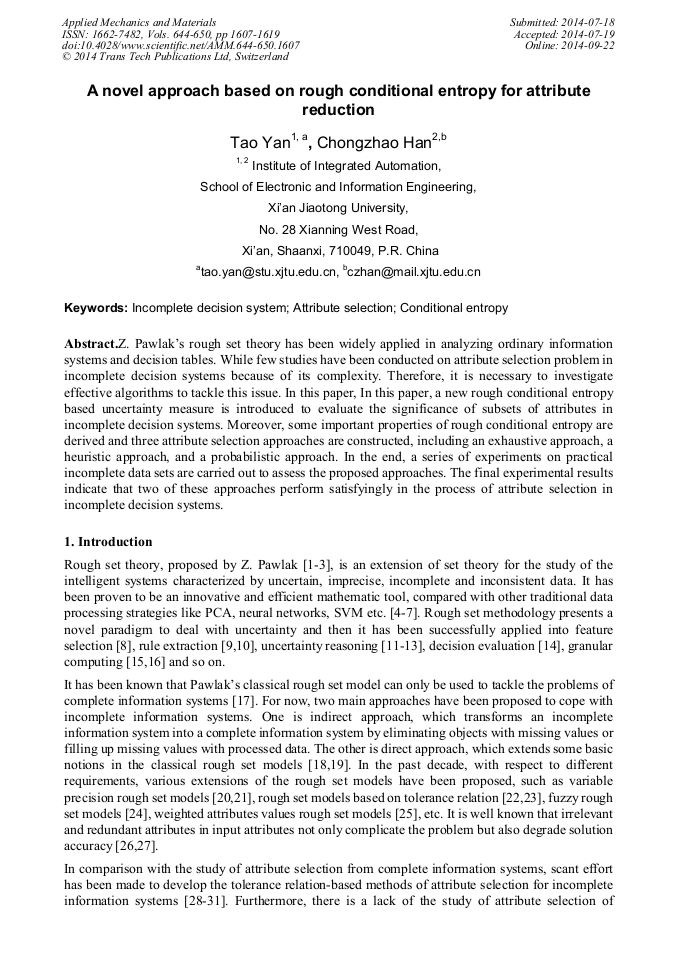A Novel Approach Based on Rough Conditional Entropy for Attribute Reduction | Scientific.Net