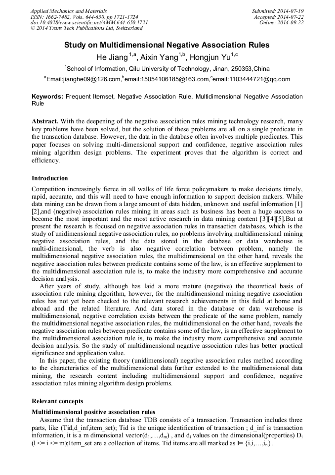 Study on Multidimensional Negative Association Rules | Scientific.Net