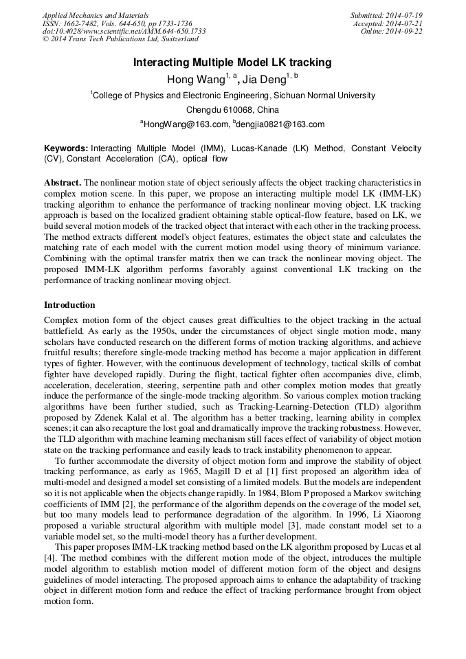 Interacting Multiple Model LK Tracking | Scientific.Net