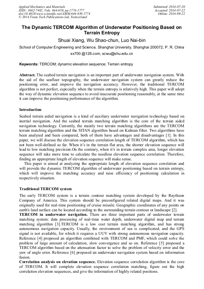 The Dynamic TERCOM Algorithm of Underwater Positioning Based on Terrain Entropy | Scientific.Net