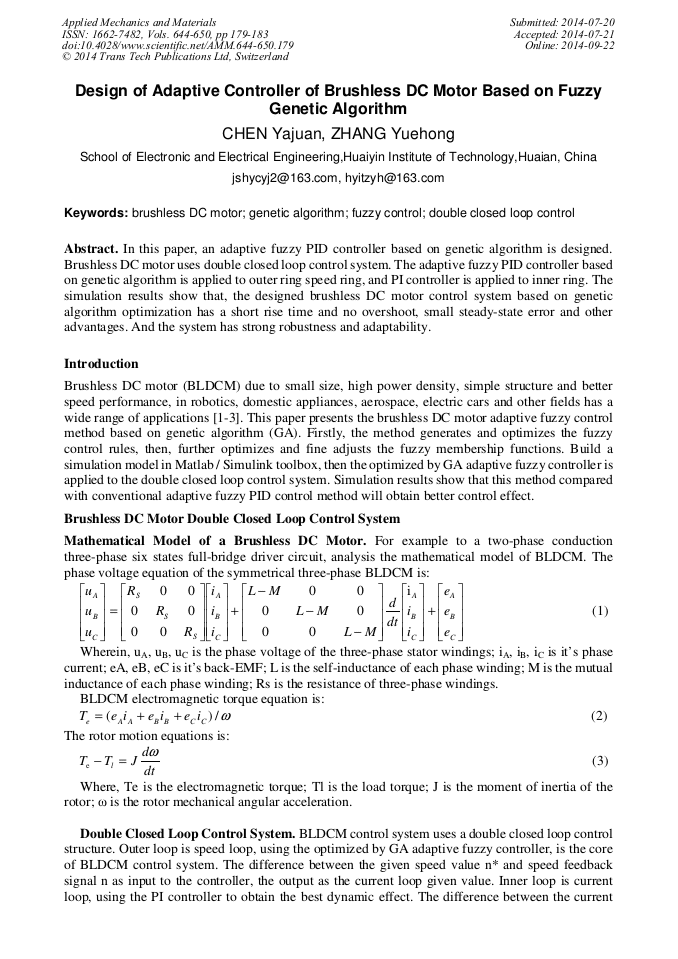 Design of Adaptive Controller of Brushless DC Motor Based on Fuzzy Genetic Algorithm ...