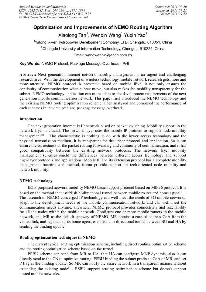 Optimization and Improvements of NEMO Routing Algorithm | Scientific.Net