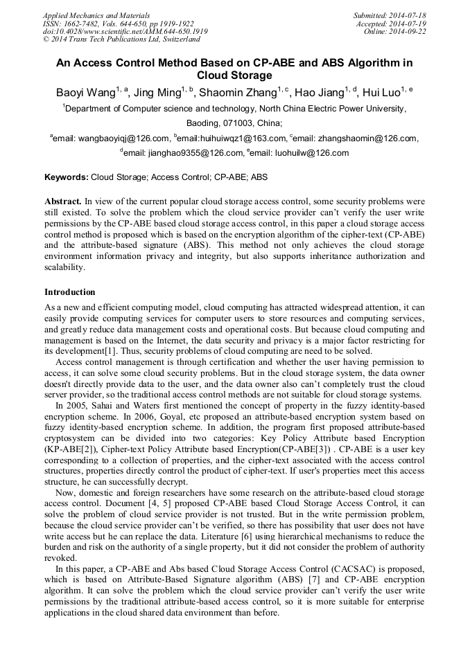 An Access Control Method Based on CP-ABE and ABS Algorithm in Cloud Storage | Scientific.Net