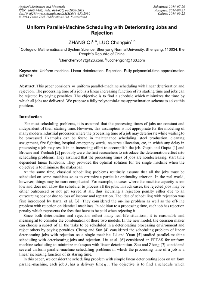Uniform Parallel-Machine Scheduling with Deteriorating Jobs and Rejection | Scientific.Net