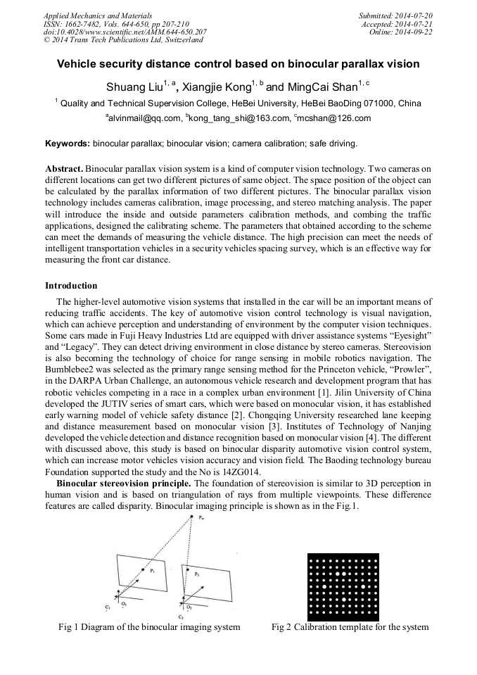 Vehicle Security Distance Control Based on Binocular Parallax Vision ...