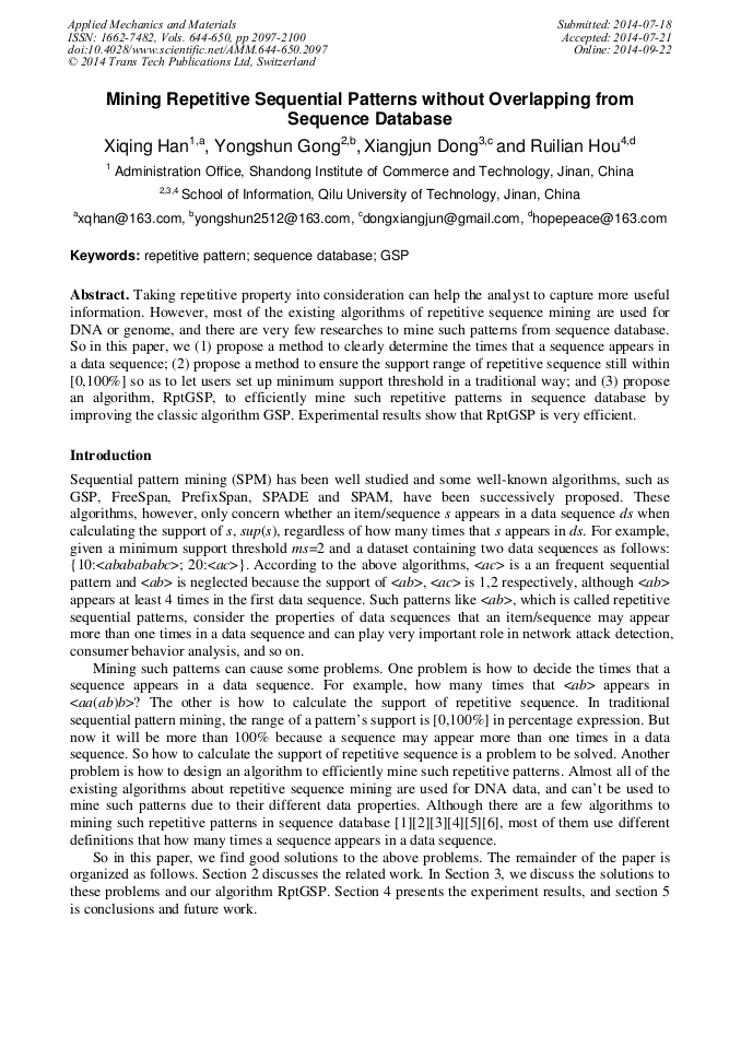 Mining Repetitive Sequential Patterns without Overlapping from Sequence Database | Scientific.Net