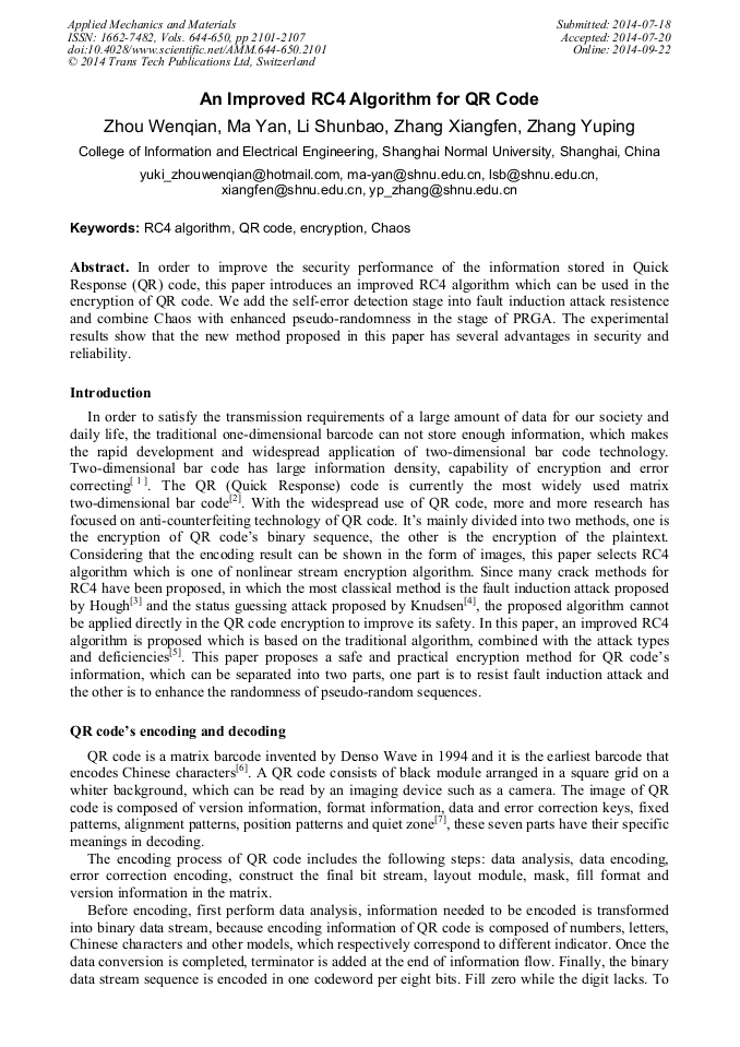 An Improved RC4 Algorithm for QR Code | Scientific.Net