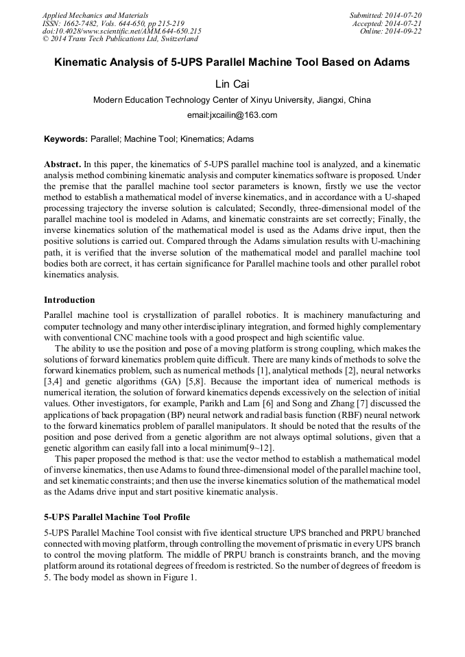 Kinematic Analysis of 5-UPS Parallel Machine Tool Based on Adams | Scientific.Net