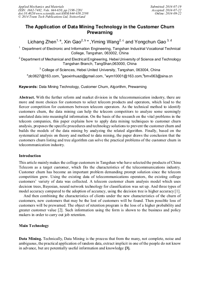 The Application of Data Mining Technology in the Customer Churn Prewarning | Scientific.Net