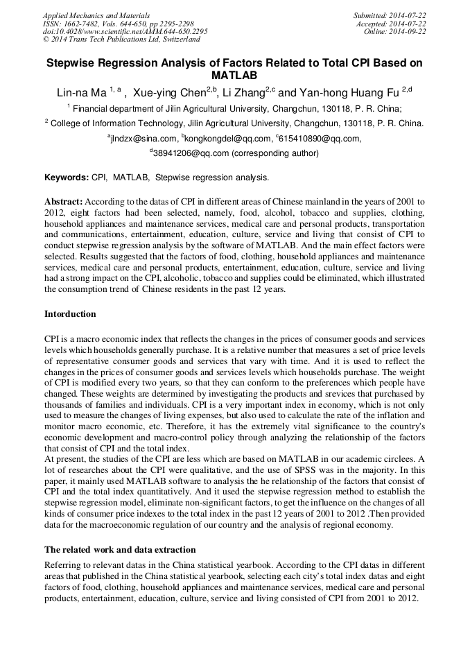 Stepwise Regression Analysis of Factors Related to Total CPI Based on ...