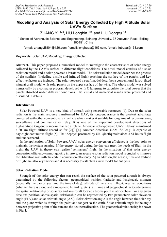 Modeling and Analysis of Solar Energy Collected by High Altitude Solar UAV’s Surface ...