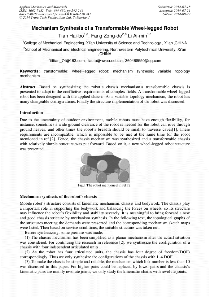 Mechanism Synthesis of a Transformable Wheel-Legged Robot | Scientific.Net