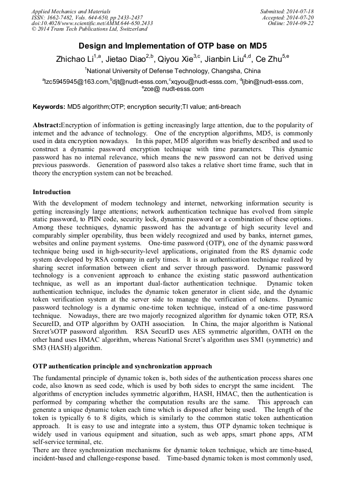 Design and Implementation of OTP Base on MD5 | Scientific.Net