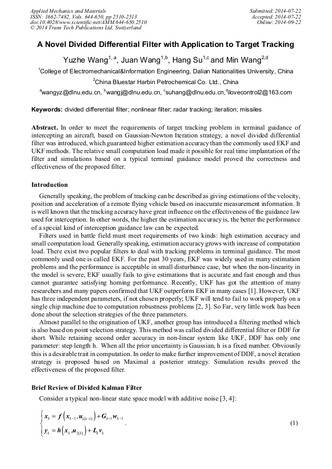 A Novel Divided Differential Filter with Application to Target Tracking ...