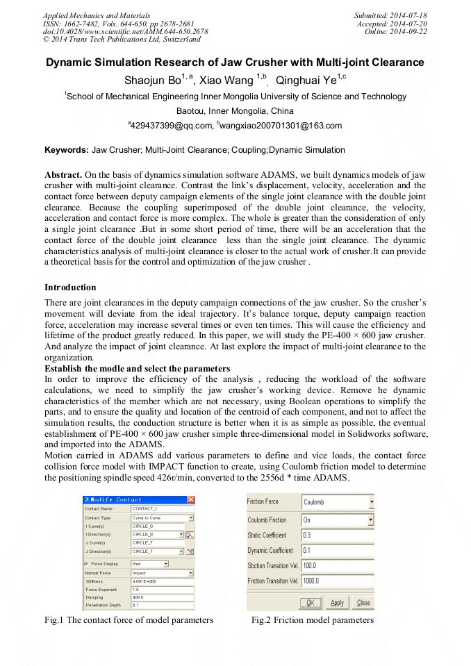 Dynamic Simulation Research of Jaw Crusher with Multi-Joint Clearance | Scientific.Net