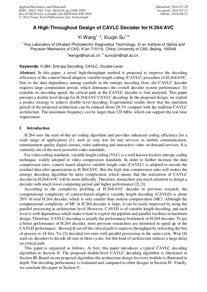 A High-Throughout Design of CAVLC Decoder for H.264/AVC | Scientific.Net