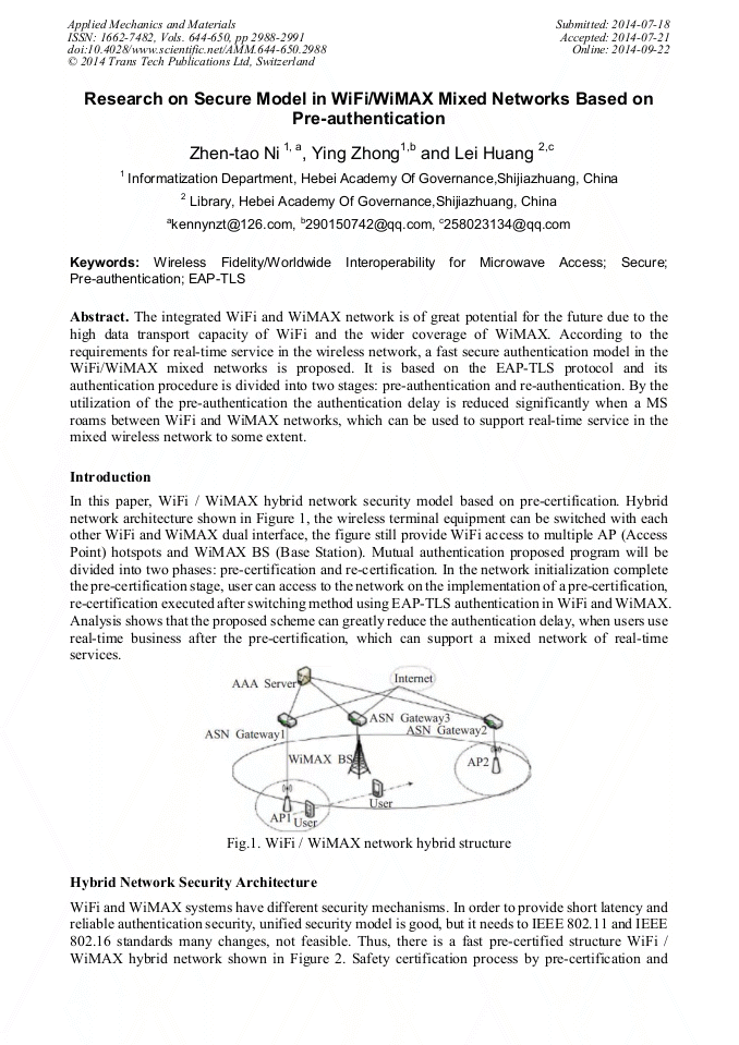 Research on Secure Model in WiFi/WiMAX Mixed Networks Based on Pre-Authentication | Scientific.Net