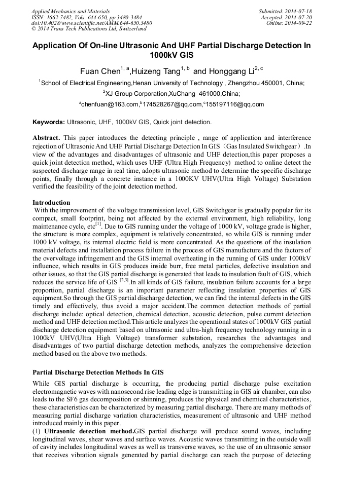 Application of On-Line Ultrasonic and UHF Partial Discharge Detection in 1000kV GIS | Scientific.Net