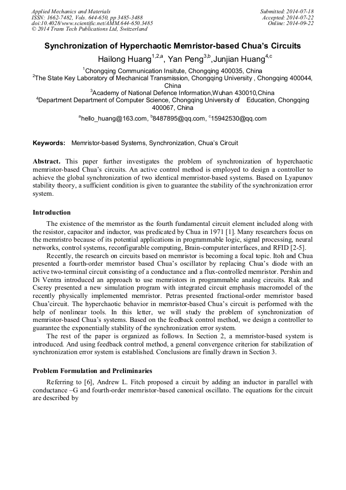 Synchronization of Hyperchaotic Memristor-Based Chua’s Circuits | Scientific.Net